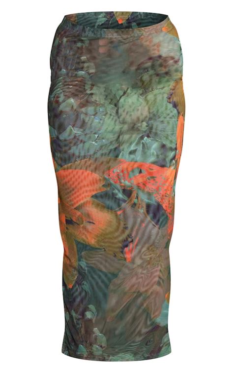 Multi Floral Print Mesh Low Rise Midi Skirt Co Ords