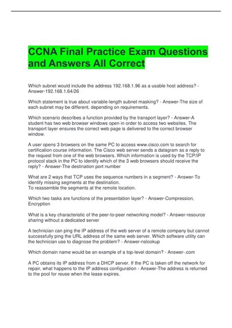 Ccna Final Practice Exam Questions And Answers All Correct Ccna Stuvia Us