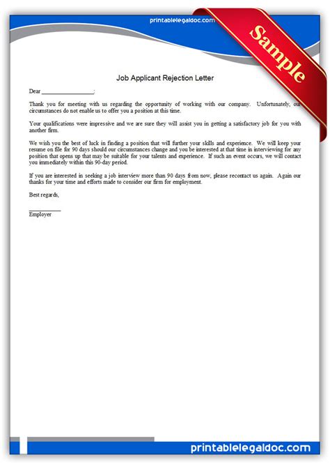 Free Printable Job Applicant Rejection Letter Form GENERIC