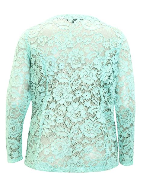 Roamans Roamans Mint Beaded Border Floral Lace Open Front Cardigan