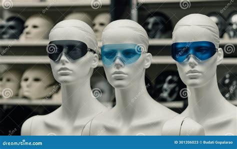 Three Mannequins Wearing Blue Sunglasses Stock Illustration