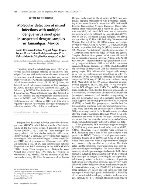 Pdf Molecular Detection Of Mixed Infections With Multiple Dengue Virus Serotypes In Suspected