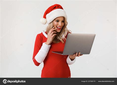 Portrait Joyful Blonde Woman Dressed Red New Year Costume Standing