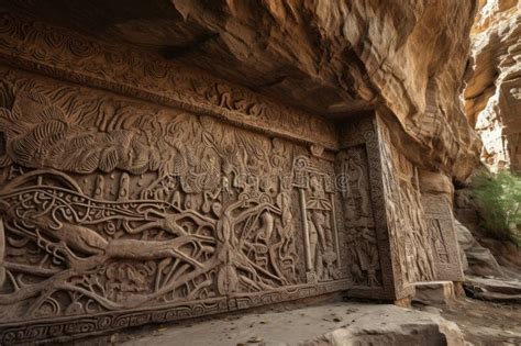 Detailed Rock Carving With Intricate Patterns And Textures Stock