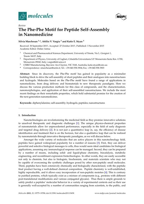 Pdf The Phe Phe Motif For Peptide Self Assembly In Nanomedicine