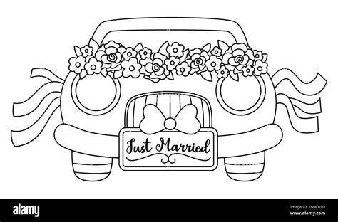 Vector Black And White Wedding Car Decorated With Flowers And Ribbons
