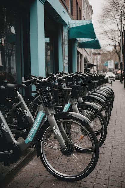 A Row Of Bikes In A Row On A Sidewalk Premium Ai Generated Image