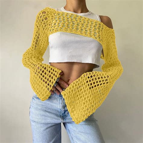Women Mesh Crochet Crop Top Long Sleeve Hollow Out Cropped Knit Sweater