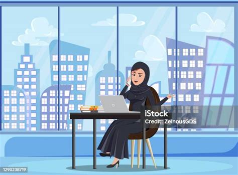 아랍 여성 캐릭터 벡터 배경 디자인 아라비아 여성 사무실 사업가 작업 및 앉아 포즈와 아랍어 여성 보스 디자인에 대 한 도시 건물 배경 제스처 건축물에 대한 스톡 벡터 아트