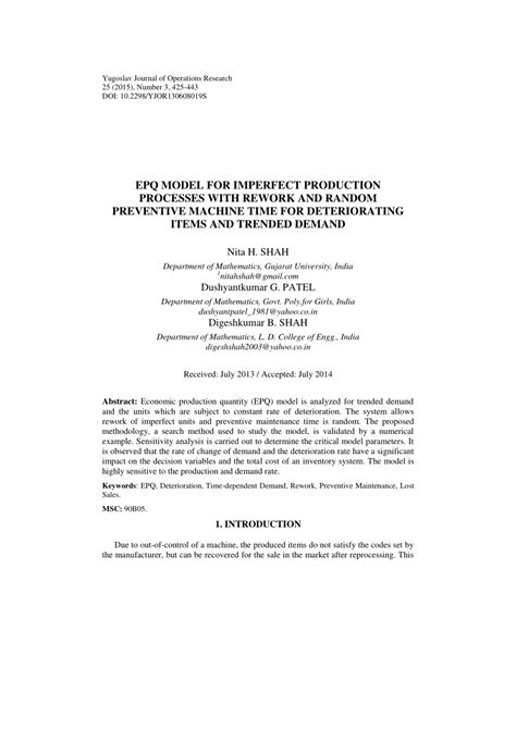Pdf Epq Model For Imperfect Production Processes With Rework And Random Preventive Machine