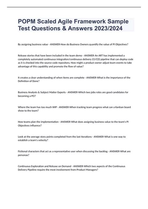 Popm Scaled Agile Framework Sample Test Questions And Answers 2023 2024 Popm Scaled Agile