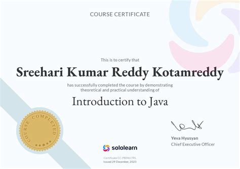 javadeveloper programmingjourney sololearncertificate javaskills… sreehari kumar reddy