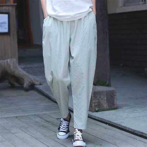 Origoods Striped Harem Pants Women Summer Casual Cotton Linen Pants Elastic Waist Loose Women