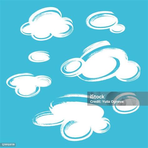 파란색 배경에 격리 된 흰색 구름 아이콘의 집합입니다 웹 사이트 디자인 로고 앱 Ui에 대한 클라우드 기호 손으로 그린 스타일로 일러스트레이션 계절에 대한 스톡 벡터 아트