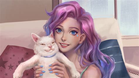 Download Cat Blue Eyes Pink Hair Seraphine League Of Legends Video