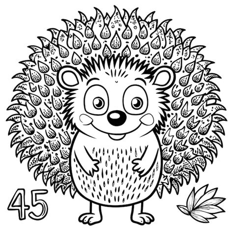 Un lindo erizo de dibujos animados con un número 45 y una hoja Vector