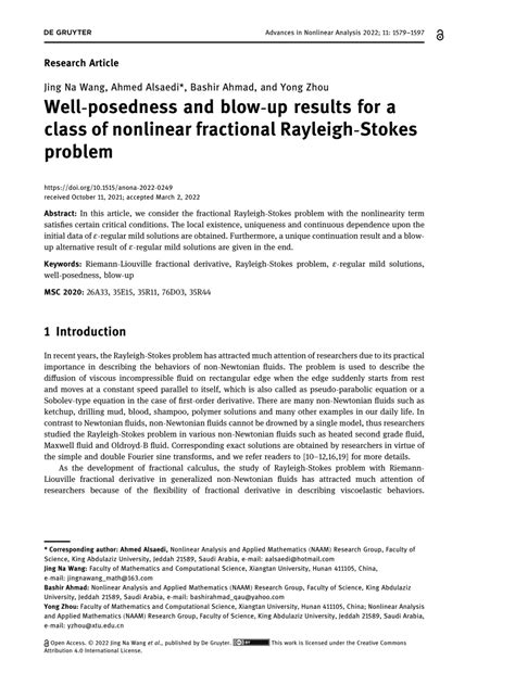Pdf Well Posedness And Blow Up Results For A Class Of Nonlinear Fractional Rayleigh Stokes Problem