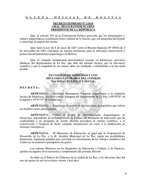 Ds 11034 Declárase Monumento Nacional Arqueológico A La Ciudadela Incaica De Iskanwaya Pdf