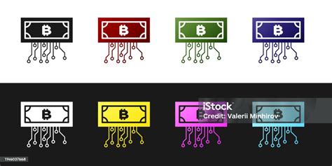 흑백 배경에 고립 된 마이크로칩 회로 아이콘과 함께 원으로 암호 화폐 개념 비트 코인을 설정 합니다 블록 체인 기술 디지털 머니 마켓 벡터 일러스트 개념에 대한 스톡 벡터