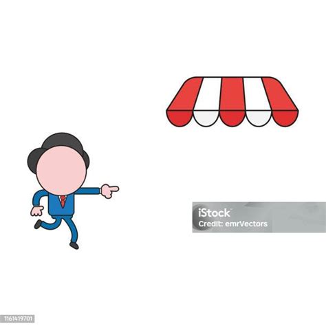 商人角色運行和指向商店遮陽篷的向量插圖顏色和黑色輪廓向量圖形及更多一個人圖片 一個人 交易員 人 Istock