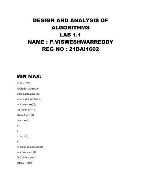 Lab11min Max Ascending Descending Order Doc1 Design And Analysis Of Algorithms Lab 1 Name
