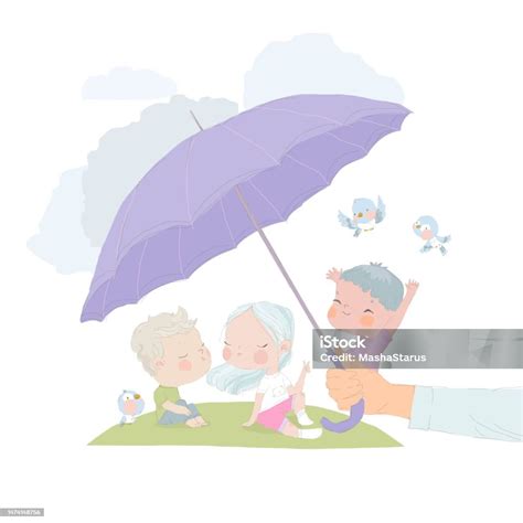 만화 행복 한 아이 큰 우산 아래에서 즐기는 가공의 인물에 대한 스톡 벡터 아트 및 기타 이미지 가공의 인물 개념 계절