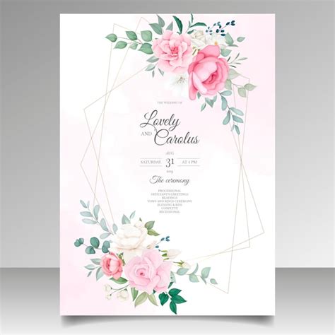 아름 다운 꽃과 나뭇잎 결혼식 초대 카드 프리미엄 벡터