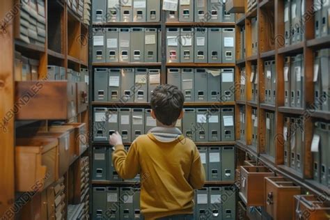 Boy In Archive Room Searching Through Files