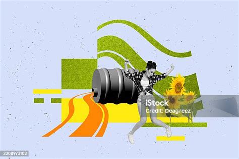 현대 포스터 트렌드 예술 콜라주 행복 소녀 댄스 환경 기름 오염 통 해바라기 봄 꽃 여름 20 24세에 대한 스톡 사진 및 기타 이미지 Istock