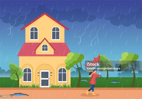 비가 내리는 폭풍우 속에서 비옷 고무 장화 우산을 들고 있는 사람들 배너 또는 포스터에 대한 평면 배경 만화 벡터 일러스트레이션 가을에 대한 스톡 벡터 아트 및 기타 이미지