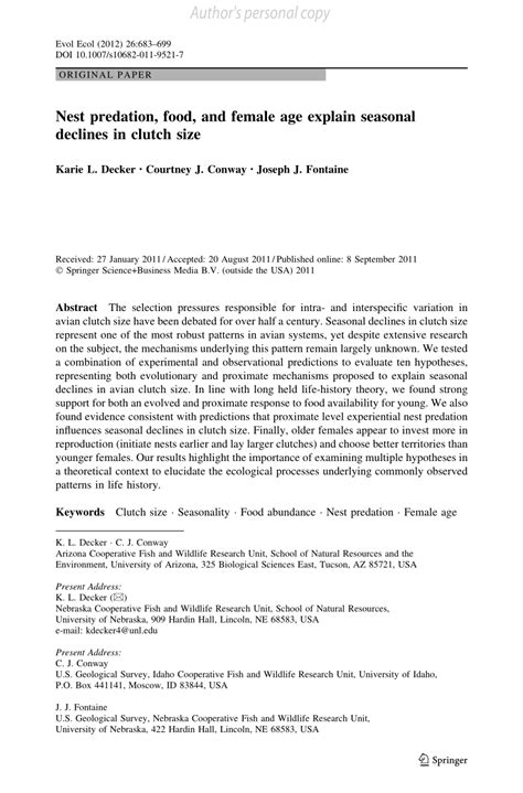 pdf nest predation food and female age explain seasonal declines in