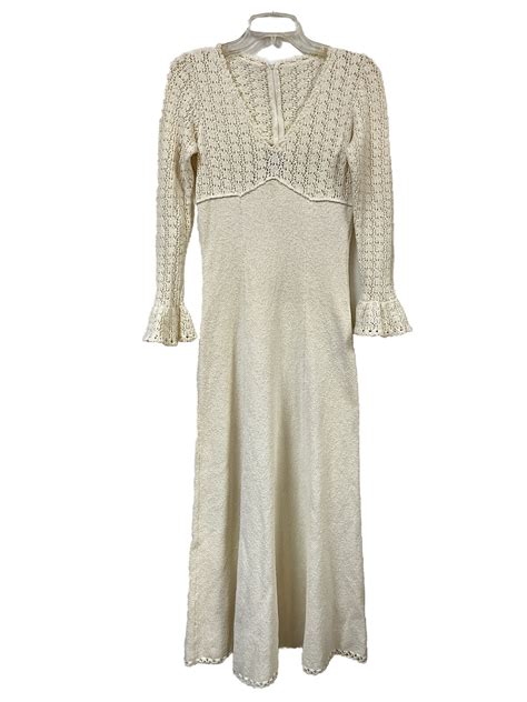 Vintage 60s Crochet Ivory Maxi Dress Picardo Knits S Gem