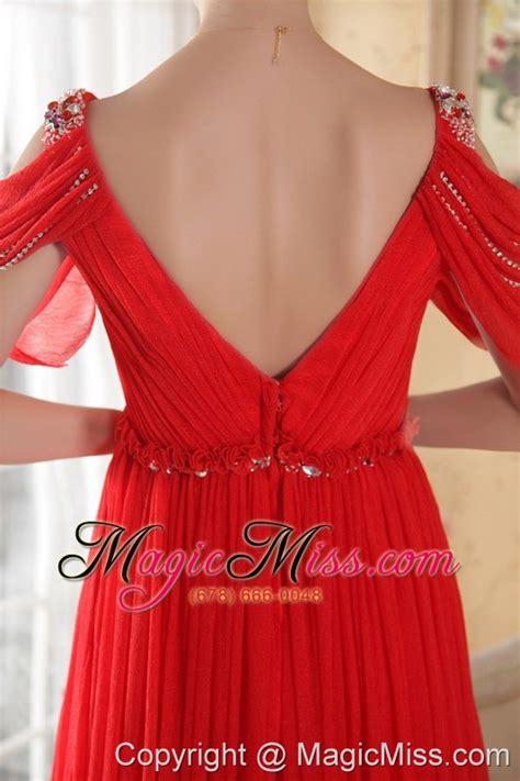Red Empire V Neck Chapel Train Chiffon Beading Prom Dress Us15939