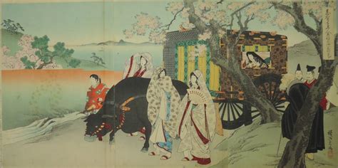中古 HANA 逸品本物 浮世絵 志賀寺上人京極の御息所ヲ見る揚州周延画 明治25年 1892年 木版画 大判 錦絵 三枚続 桜の