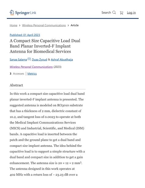 Pdf A Compact Size Capacitive Load Dual Band Planar Inverted F Implant Antenna For Biomedical