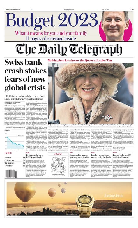 Daily Telegraph Front Page 16th Of March 2023 Tomorrows Papers Today