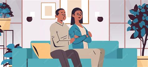 서로 이야기하지 않는 젊은 말다툼 부부 Z 라이프 스타일 개념 진보적 인 청년 세대 거실 인테리어 수평 벡터 일러스트와 함께 새로운 현대 인구 통계 학적 추세 프리미엄 벡터