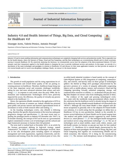 Industry 4 0 And Health Internet Of Things Big Data And Cloud Computing 1 Download Free