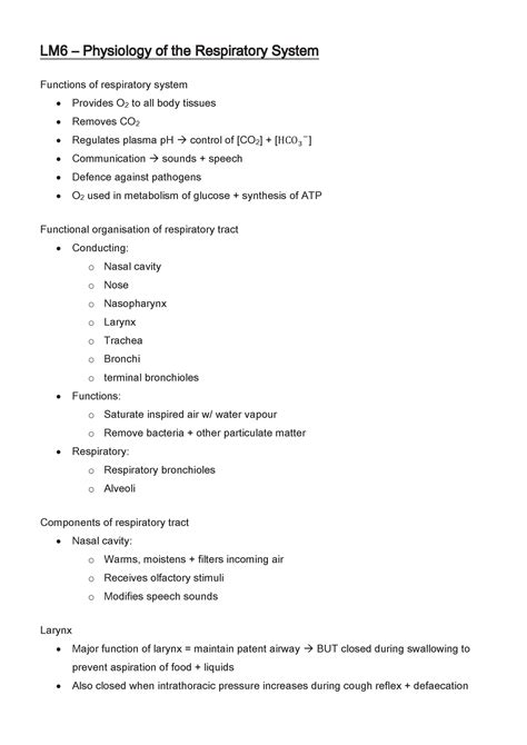 Lecture Notes Physiology Of The Respiratory System Lm 6 ದ Physiology