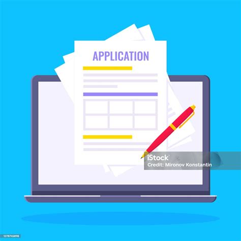 노트북 노트북 모니터 화면 아이콘 벡터 일러스트레이션 위에 팝업 채우기 위해 온라인 응용 프로그램 양식 파란색 배경에 고립 된 온라인 설문 조사의 기술 개념 신청서에 대한