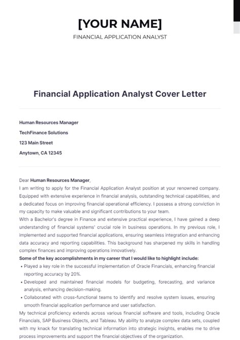 Free Financial Application Analyst Cover Letter Template To Edit Online