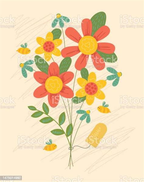 고립된 배경에 꿀벌과 레이블이 있는 질감 있는 꽃의 밝은 꽃다발 플랫 스타일 0명에 대한 스톡 벡터 아트 및 기타 이미지 0