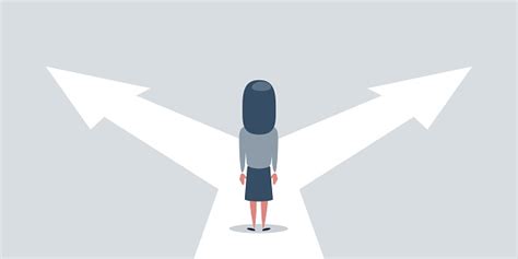業務決策概念向量圖解女商人站在十字路口 用兩個箭頭和方向向量圖形及更多雙人圖片 雙人 小徑 選擇 Istock