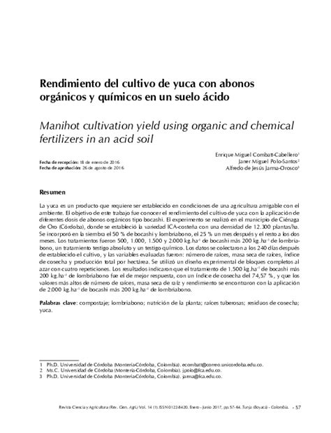Pdf Rendimiento Del Cultivo De Yuca Con Abonos Orgánicos Y Químicos