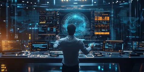 Man Facing Large Monitors Displaying Complex Data in a Futuristic ...