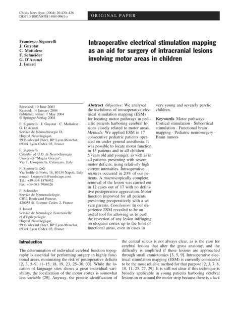 Pdf Intraoperative Electrical Stimulation Mapping As An Aid For Surgery Of Intracranial