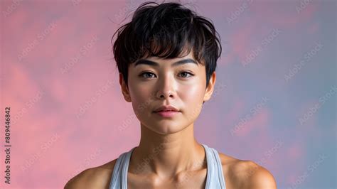 Pixie Cut Zen Asian Woman In Yoga Attire Short Hair Serenity Asian