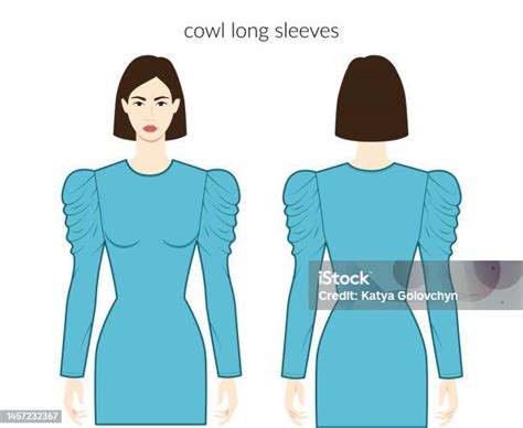 카울 소매 긴 길이 옷 캐릭터 아름 다운 아가씨 아쿠아 탑 셔츠 드레스 테크니컬 패션 일러스트 몸에 적합 플랫 의류 템플릿 앞면 뒷면 여성 남성 남녀 공용 Cad 모형