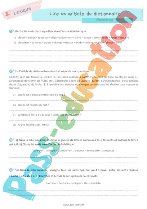Lire un article de dictionnaire Exercices de vocabulaire pour la 6ème