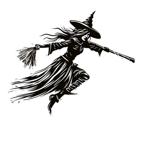 Premium Photo A Black And White Drawing Of A Witch Flying On A Broom
